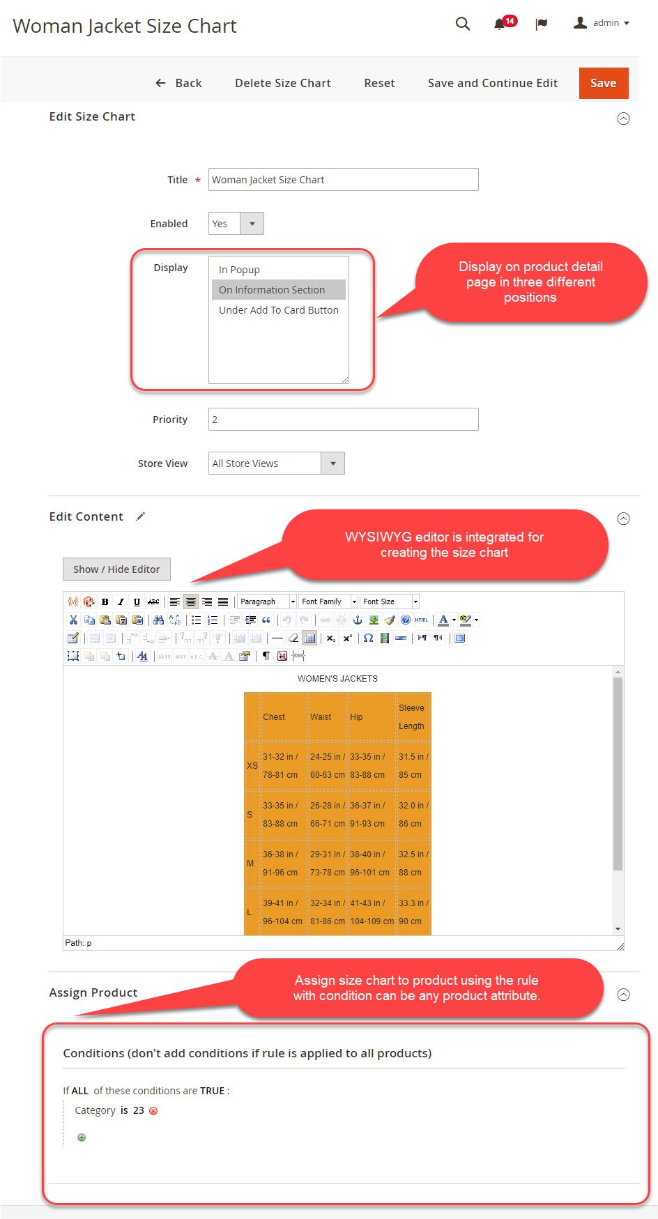 Magento2 Size Chart Extension - Creating size chart for garment goods